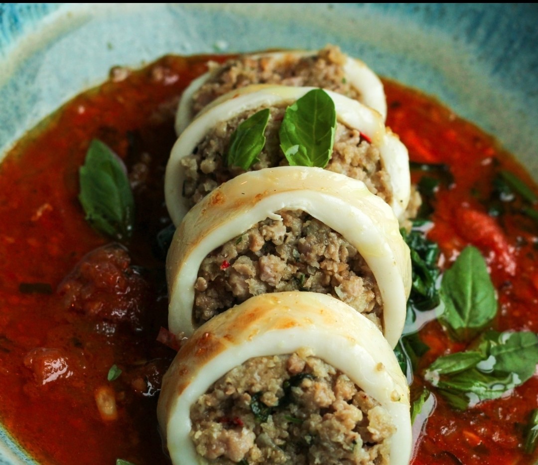 Roast Calamari Stuffed with Chilli & Garlic and Pork with Chard and ...